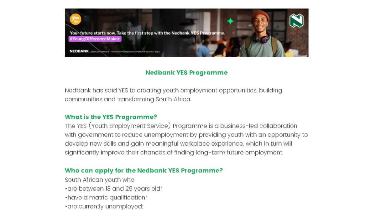 Nedbank YES Programme 2025 – Get Paid Work Experience! Apply Now!